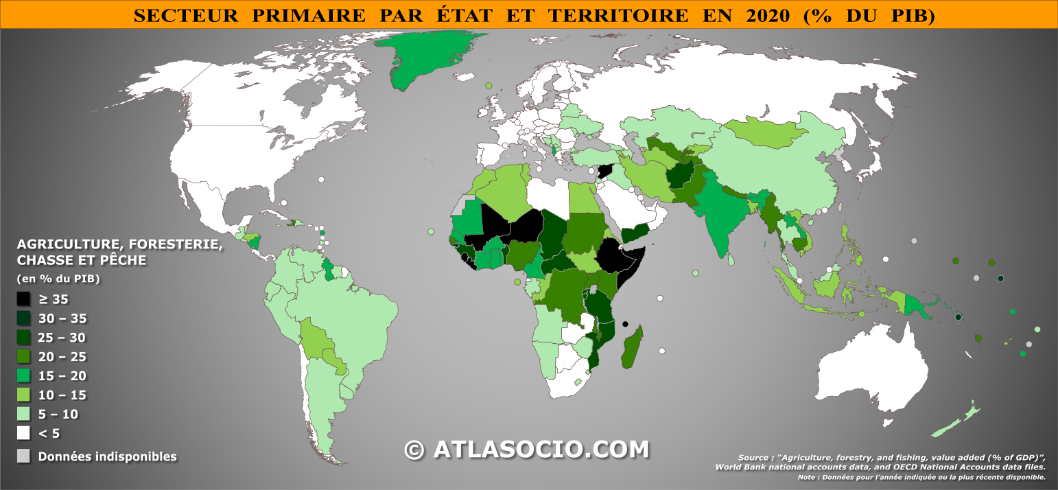 Carte du monde : secteur primaire par État (en % du PIB) | Atlasocio.com